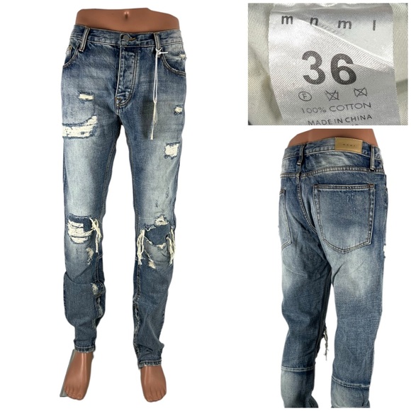 MNML | Jeans | Mnml Mens 36 Jeans Blue Denim Button Fly Tapered Distressed Zip Ankle Cotton Nwt ...